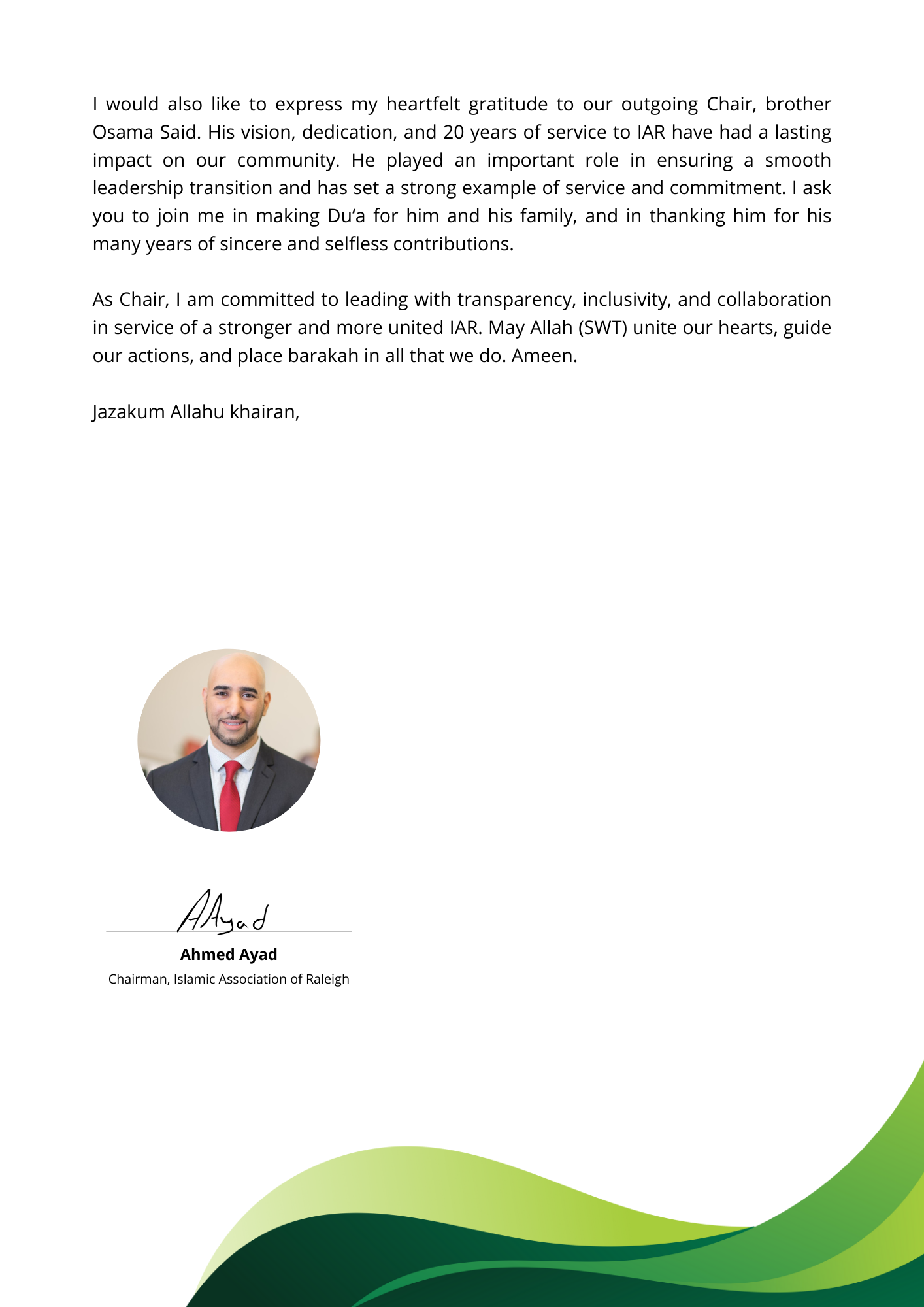Letter from the New Shura Chairman - Islamic Association of Raleigh